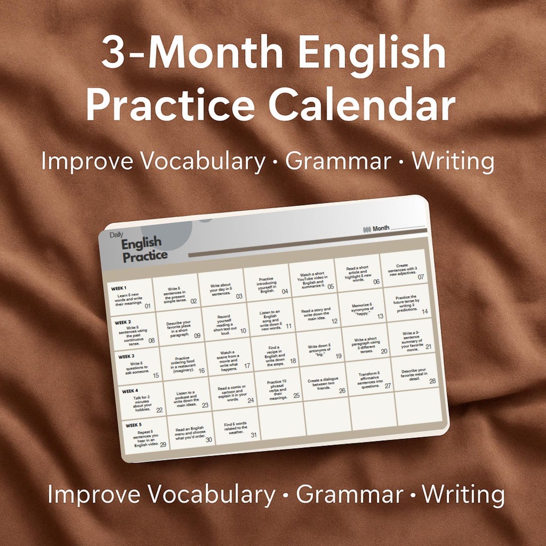 Calendário de prática de inglês de 3 meses | Vocabulário, Gramática ...