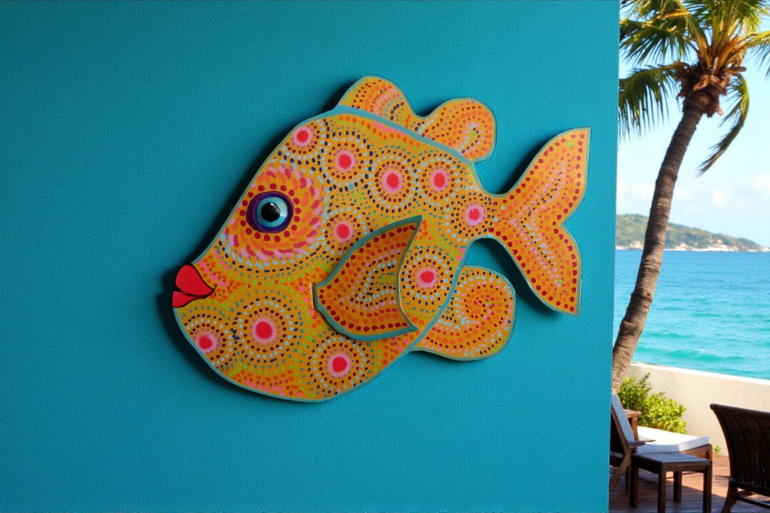 Fun Whimsy Metal Painted Fish Wall or Outdoor Art Decor Beach, Tropical ...