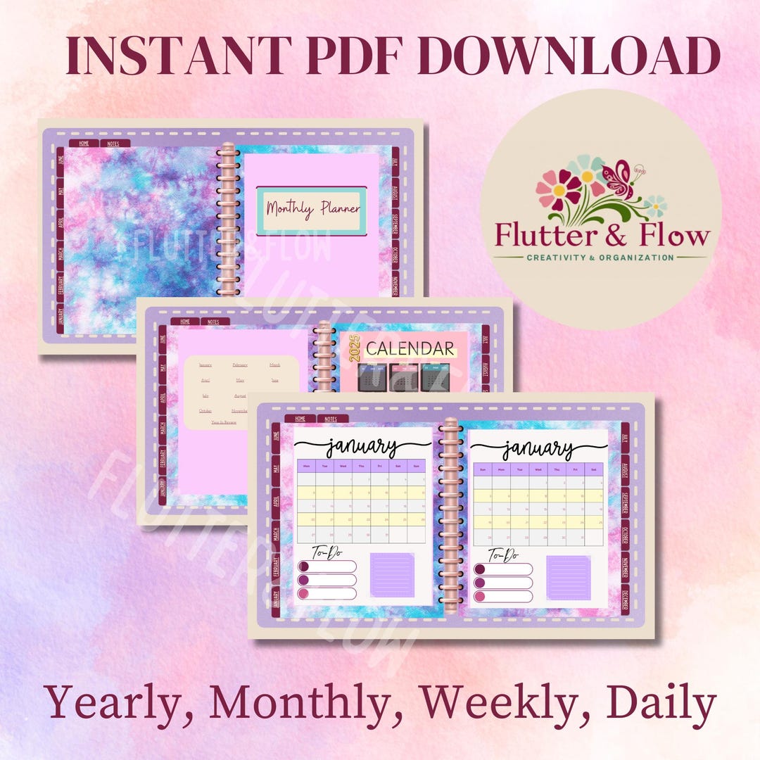 Landscape Monthly Planner, Tie Dye Design, 2025 Calendar, Yearly ...