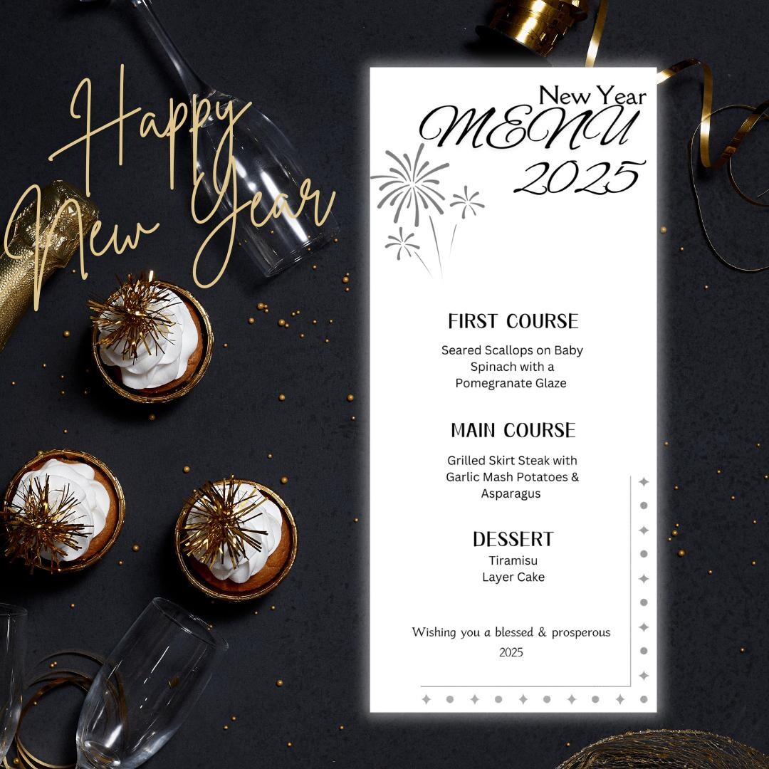New Year Menu Template - Minimal Style - Black & White - Cheers to 2025 ...