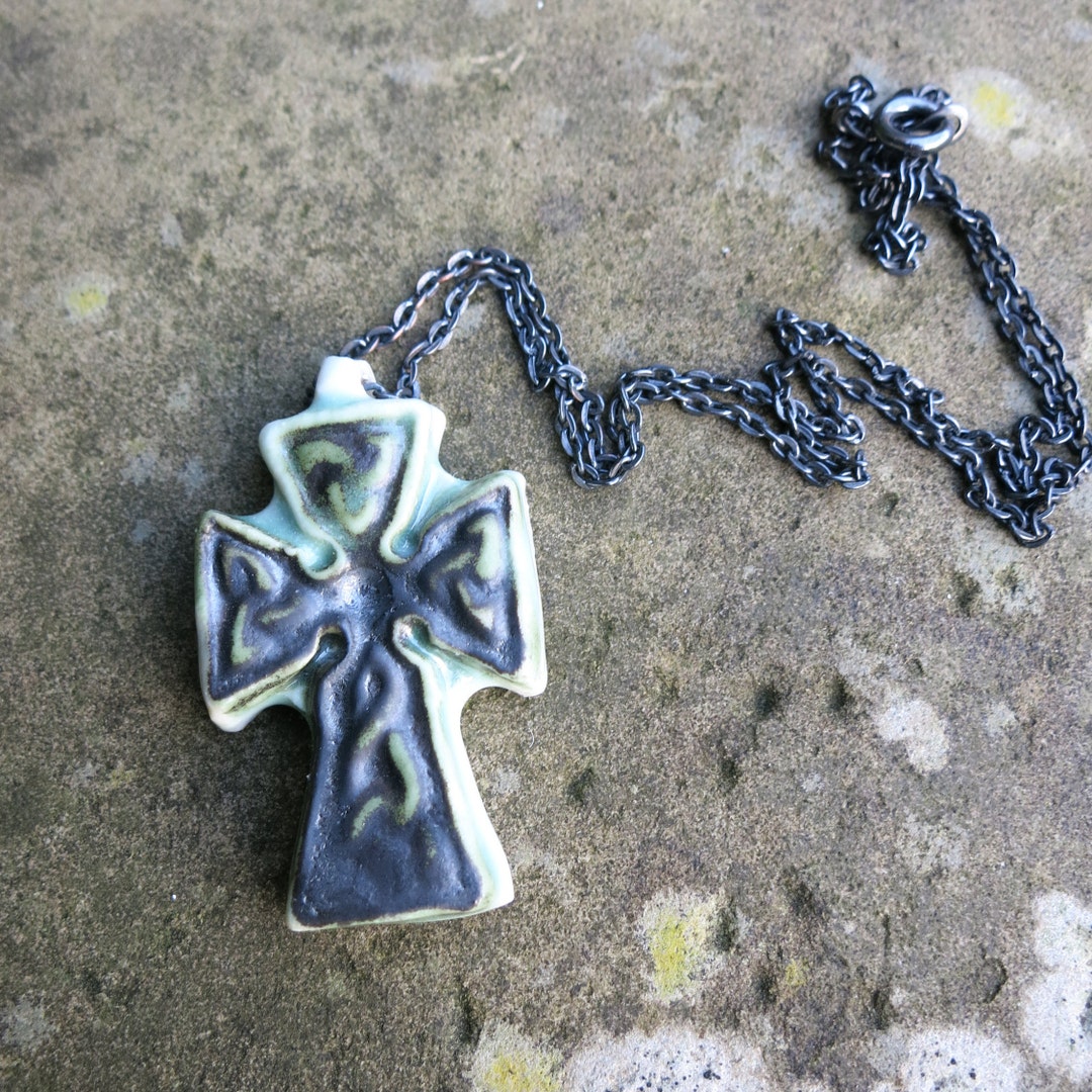 Gothic Porcelain Celtic Cross Pendant Necklace With Copper Green and ...