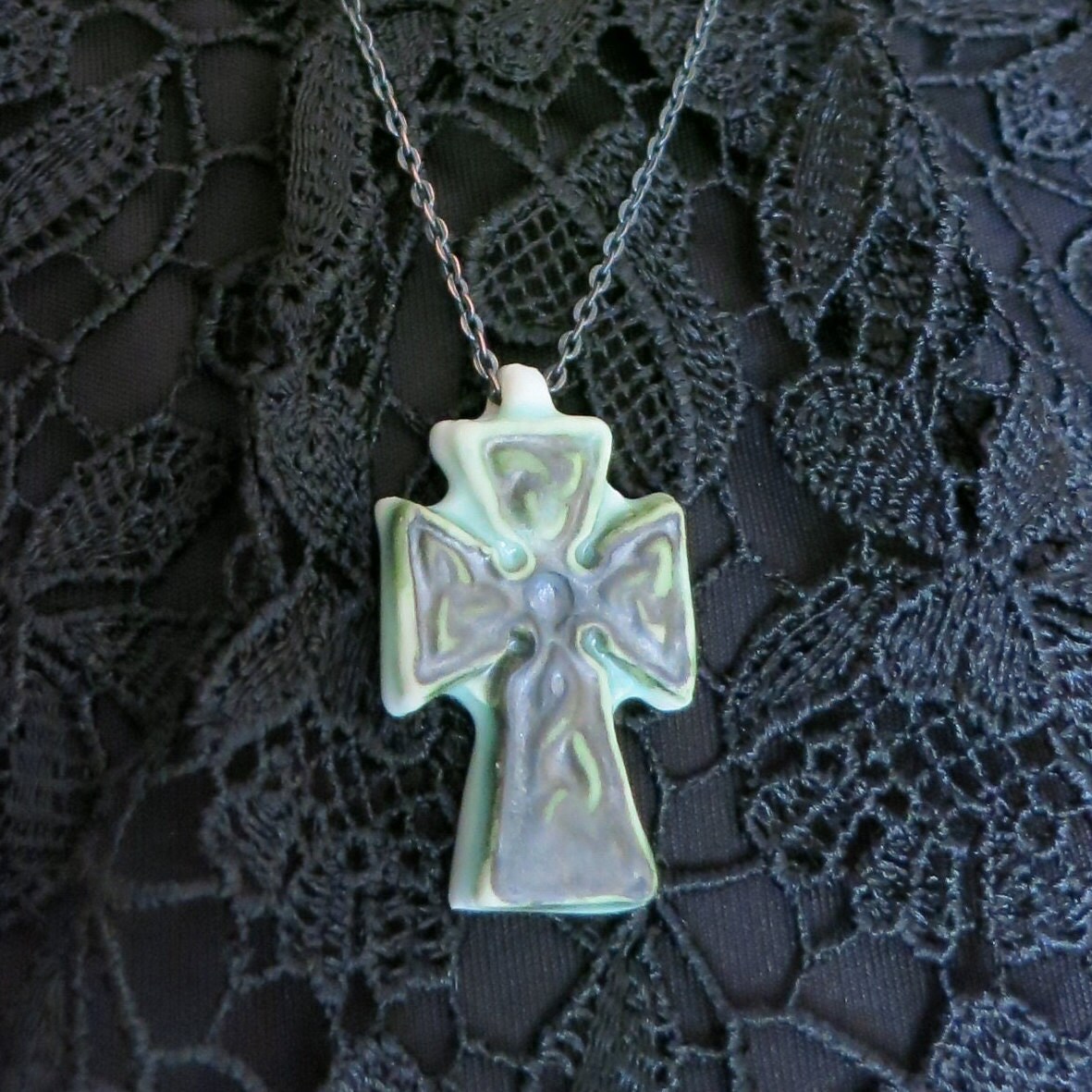 Gothic Porcelain Celtic Cross Pendant Necklace With Copper Green and ...