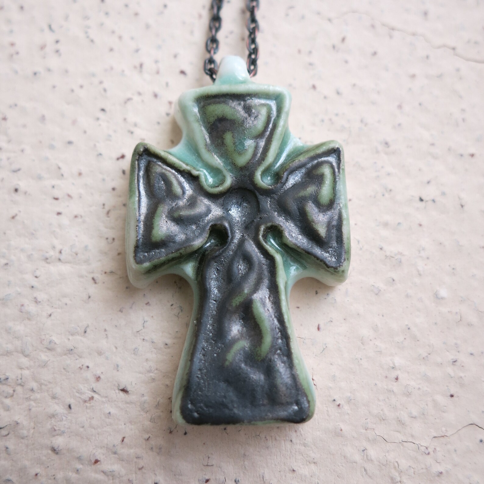 Gothic Porcelain Celtic Cross Pendant Necklace With Copper Green and ...