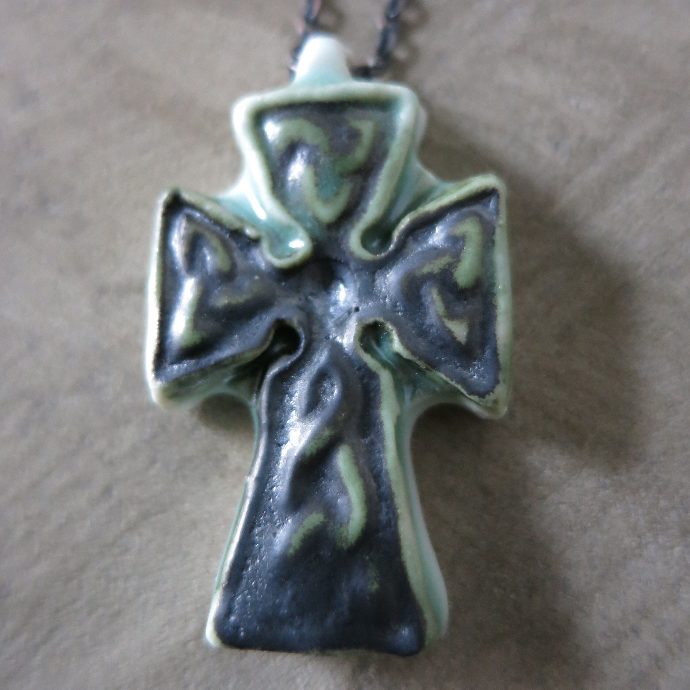 Gothic Porcelain Celtic Cross Pendant Necklace With Copper Green and ...