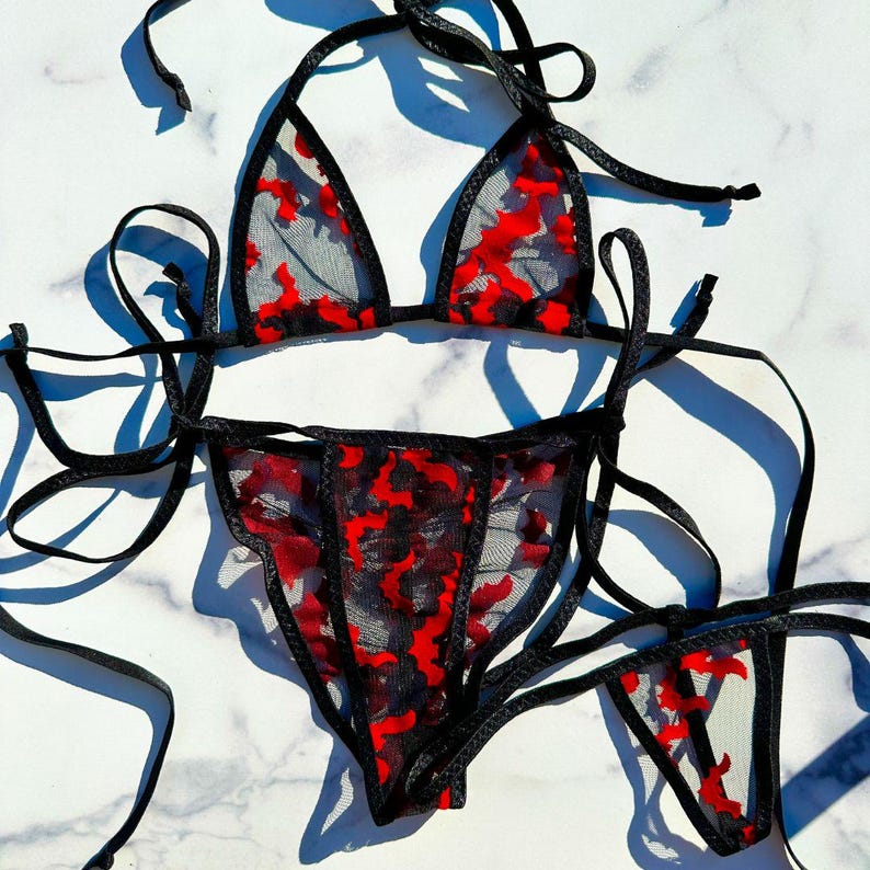 Extreme Micro Bikini Scrunch Butt Set Red Bats Completely See Through ...