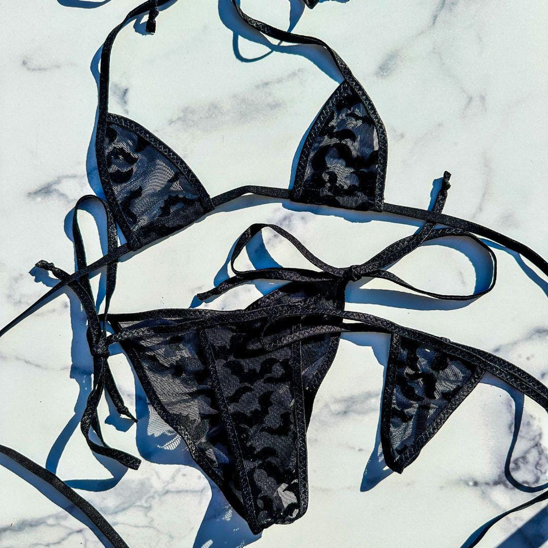 Extreme Micro Bikini Scrunch Butt Set Black Bats Completely See Through ...