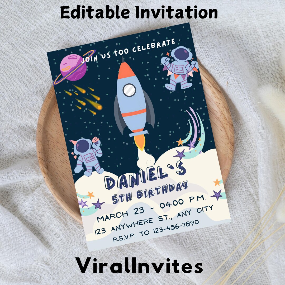 Outer Space Birthday Invitation Template, Planets Rocket Ship Astronaut ...