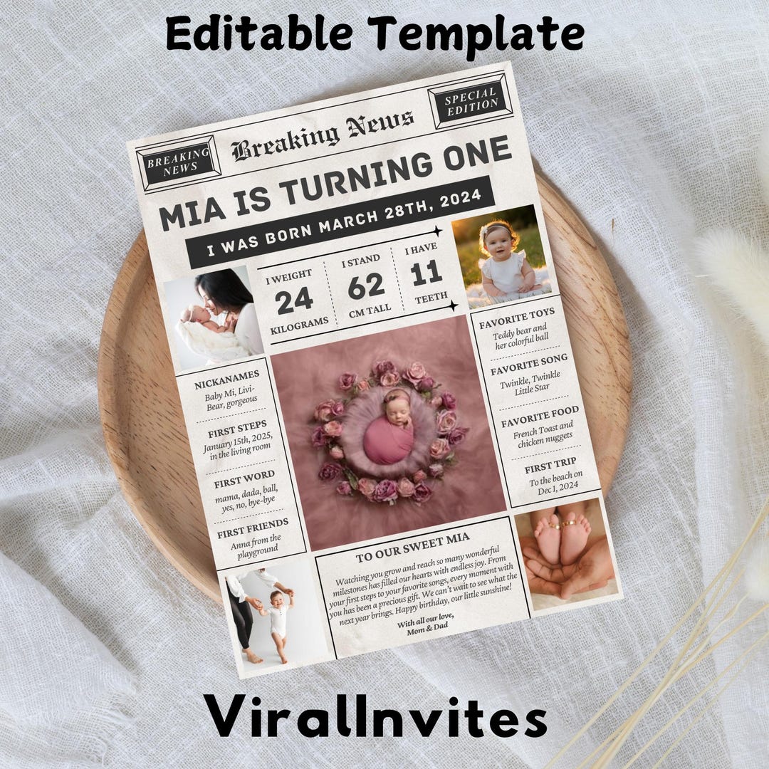 First Birthday Newspaper Invitation Template With Photo (digital ...