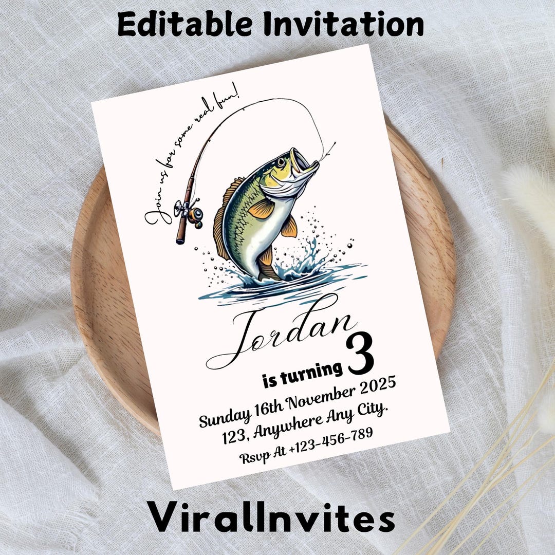 Editable Bass Fishing Birthday Invitation: Portrait Design (digital ...