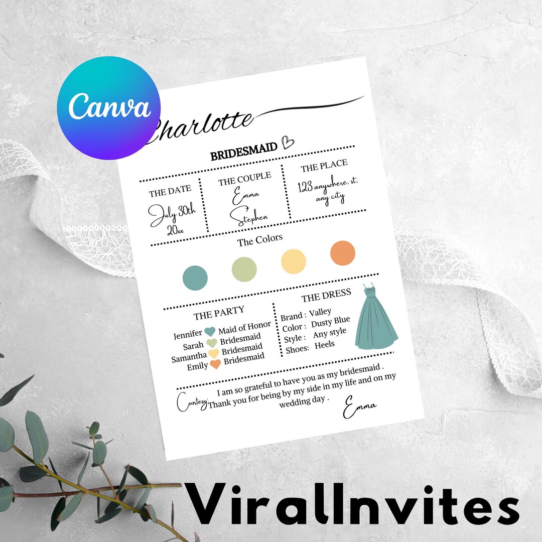 Bridesmaid Information Card Template: Editable Bridal Party PDF (canva ...