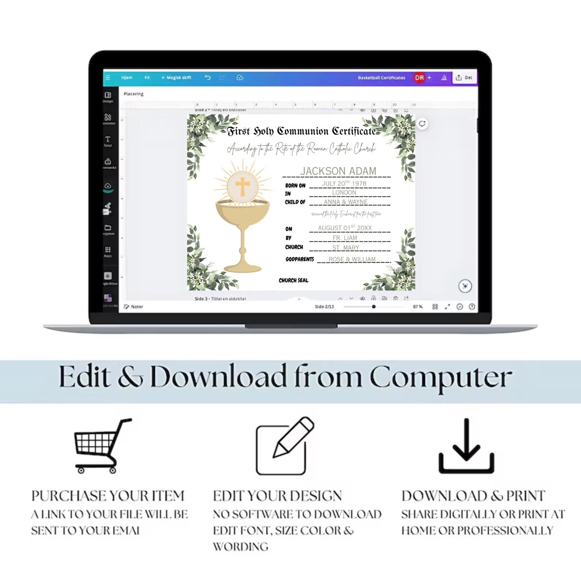 Editable OCIA Certificate Template: RCIA, First Communion (canva PDF ...
