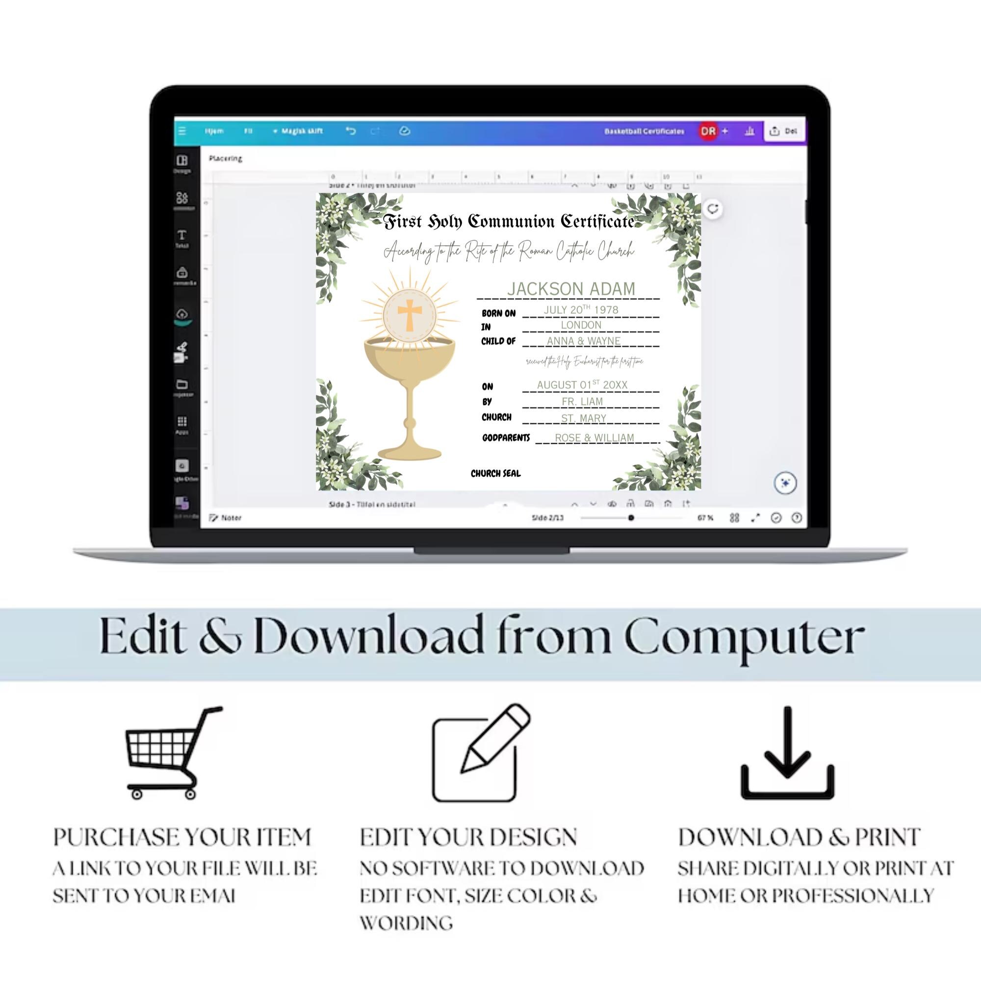 Editable OCIA Certificate Template: RCIA, First Communion (canva PDF ...