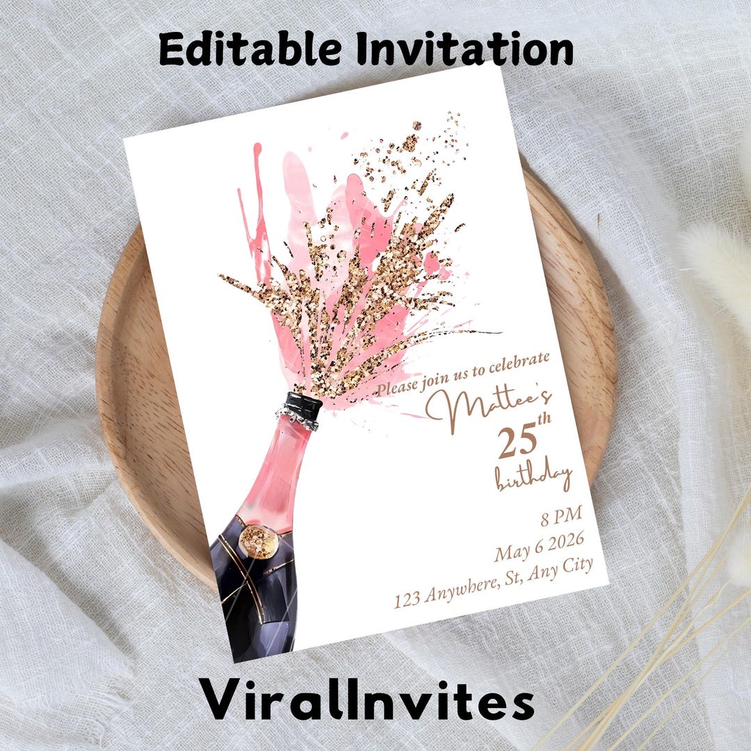 Champagne Birthday Invitation: Customizable Party Invite (digital ...