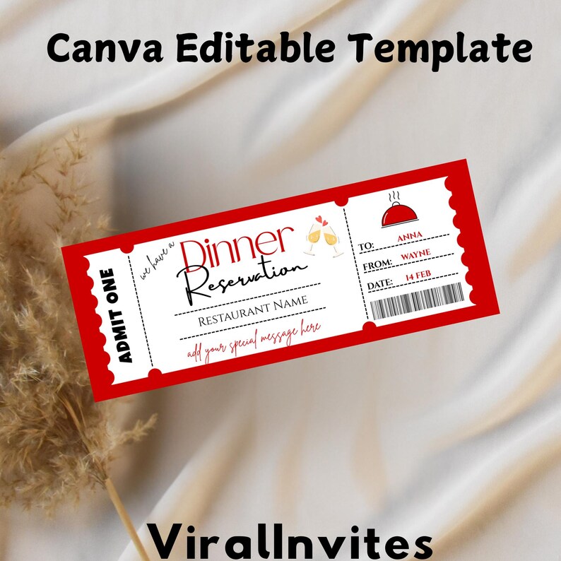 Valentine Dinner Date Gift Voucher, Editable Dinner Reservation Coupon ...