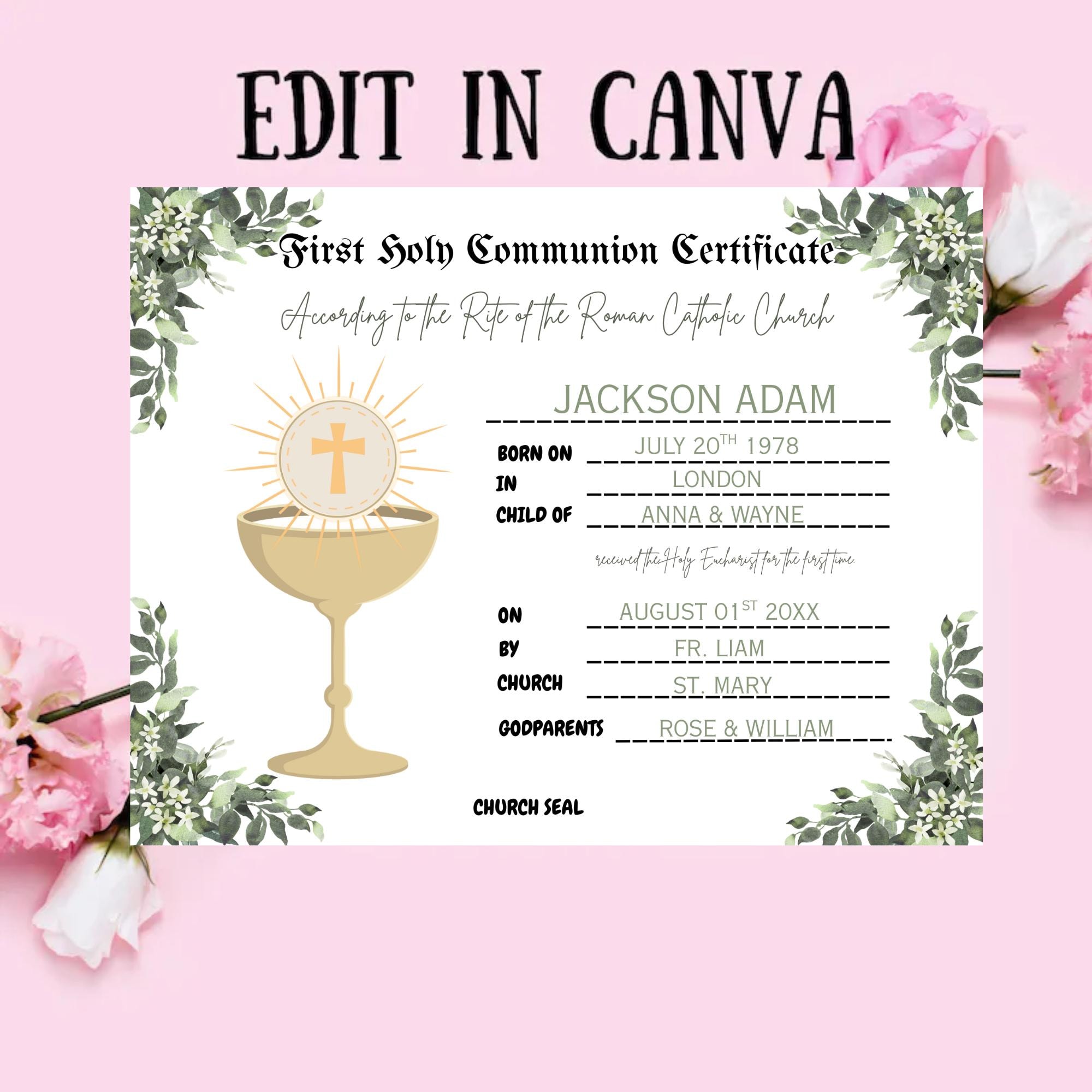 Editable OCIA Certificate Template: RCIA, First Communion (canva PDF ...