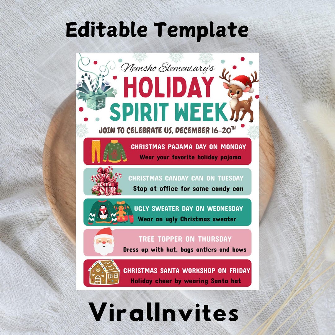 Editable School Holiday Spirit Week Flyer | Canva Template (digital ...