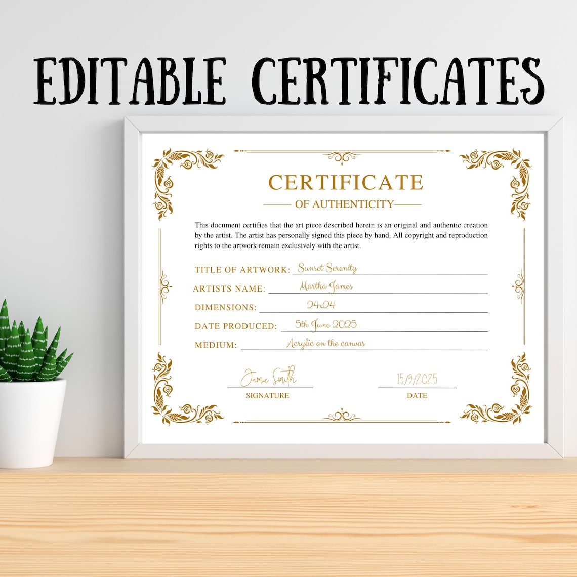 Certificate of Authenticity for Art, Editable Artist Certificate of ...