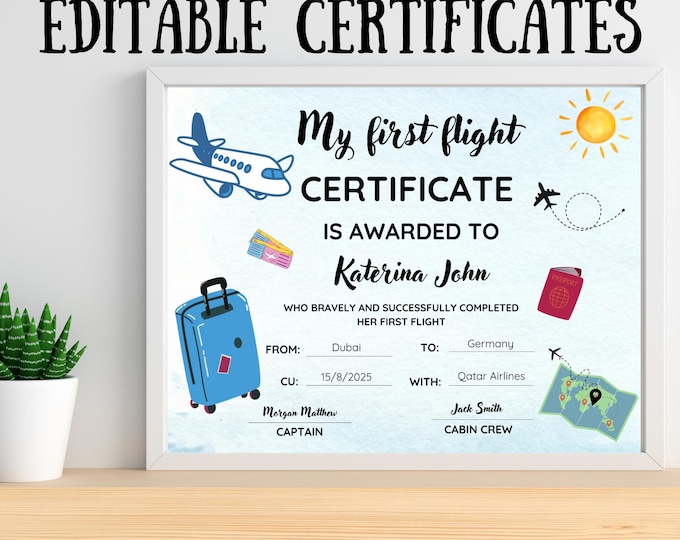 First Flight Certificate for Kids, Toddler's First Flight Award, First ...