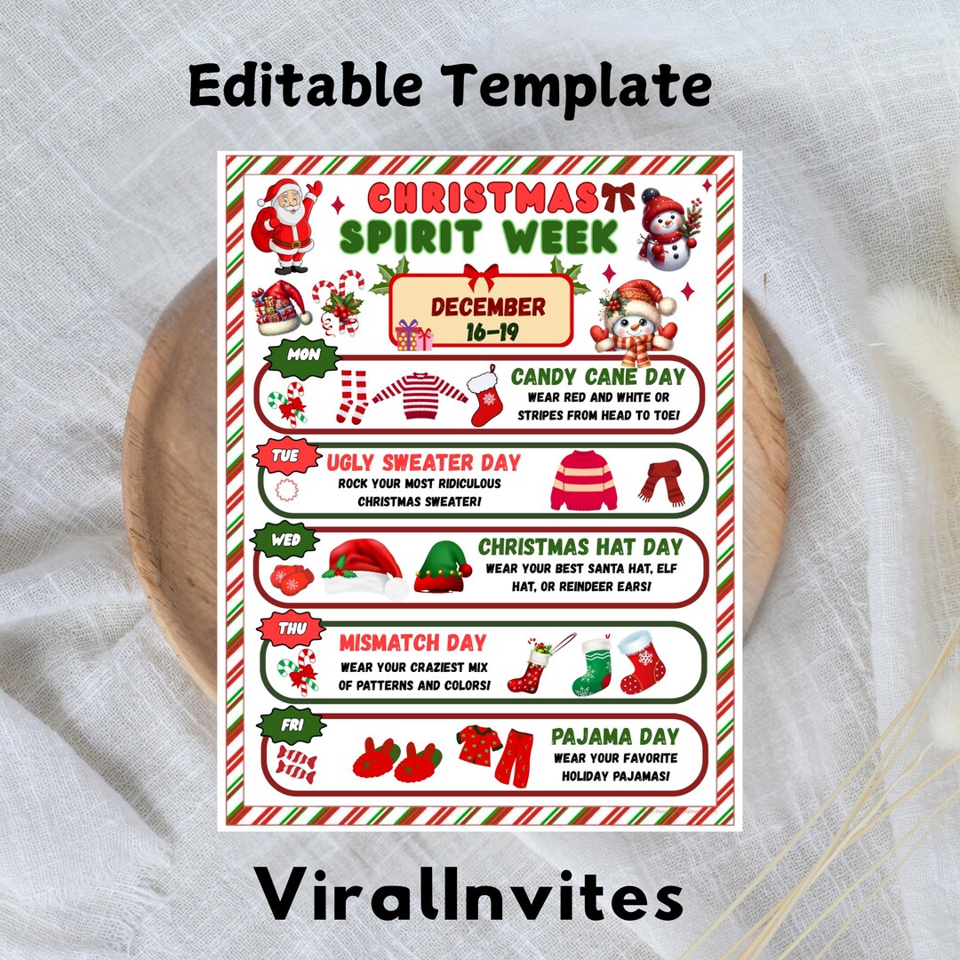 Editable Holiday School Spirit Week Era Theme Calendar Flyer, PTA PTO ...