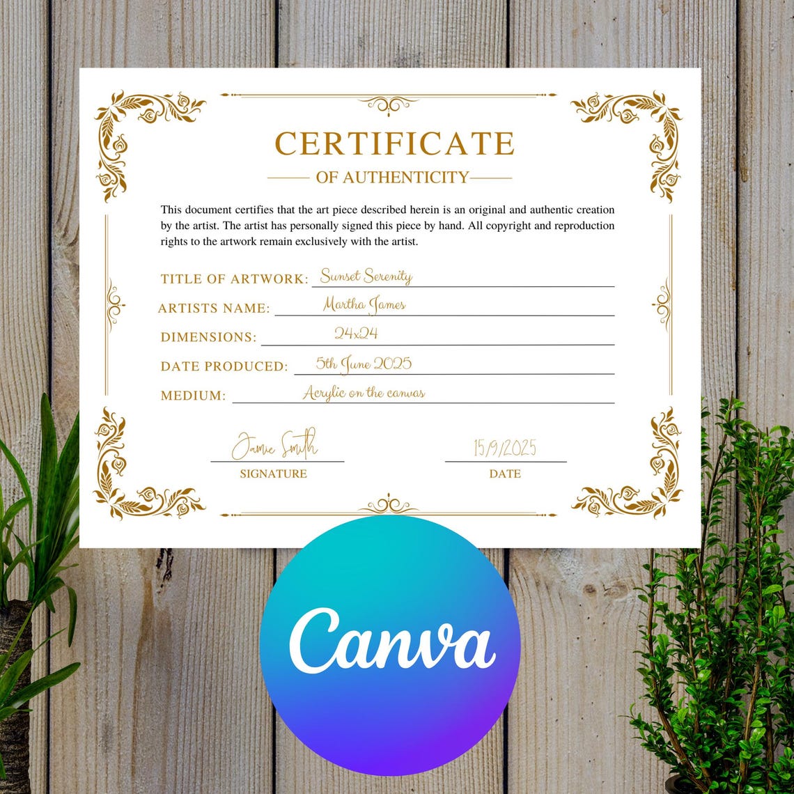 Certificate of Authenticity for Art, Editable Artist Certificate of ...