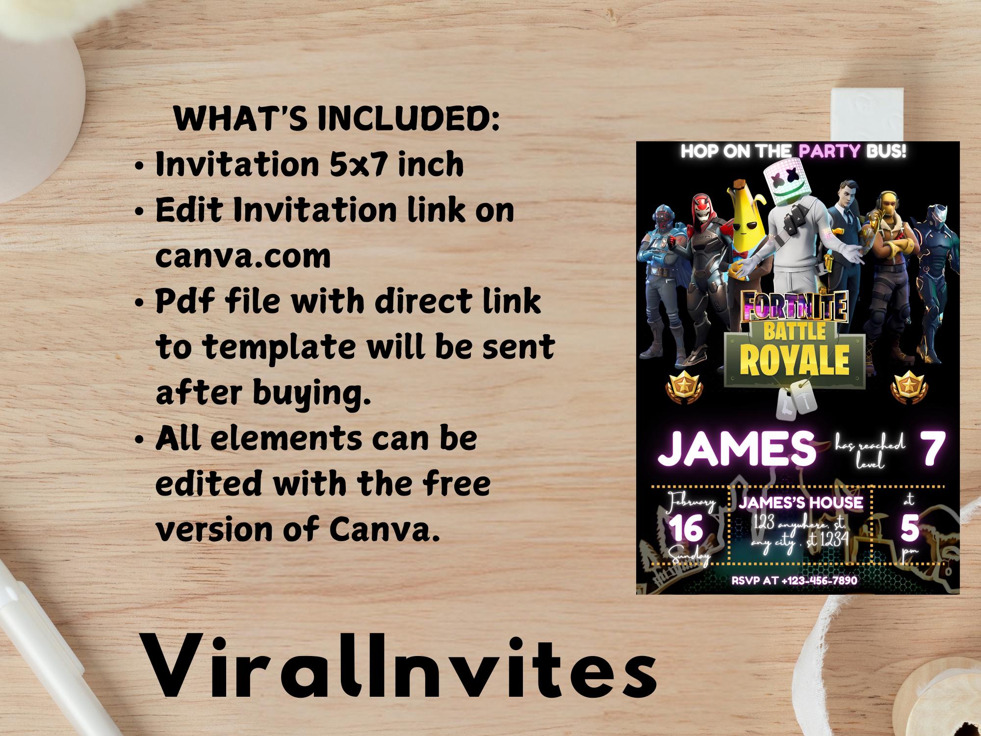 Fortnight Birthday Invitation Card Print, Birthday Flyer, Level Up ...