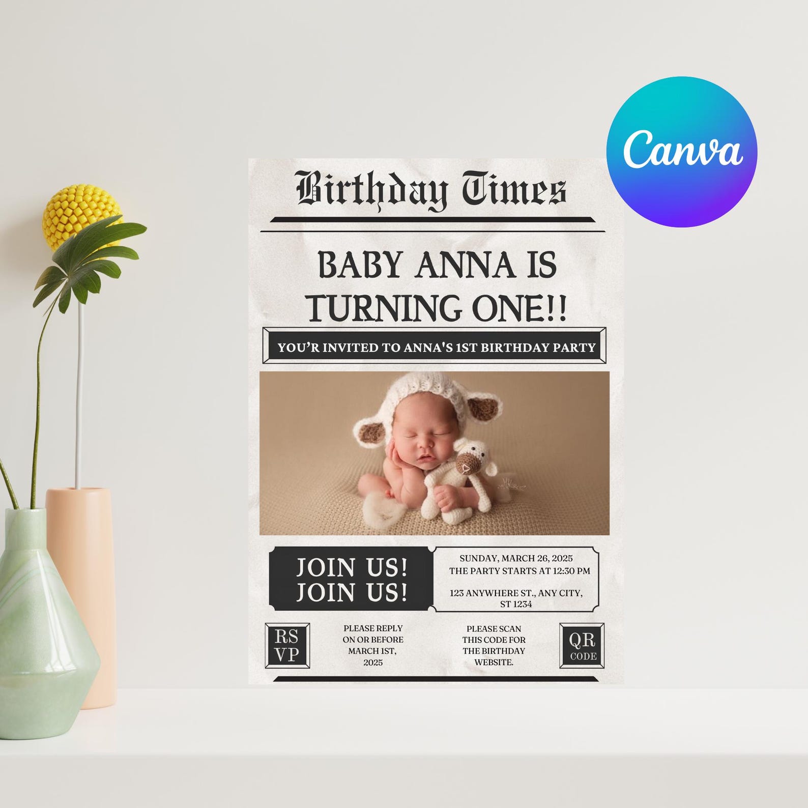 1st Birthday Newspaper Template Birthday Party Newspaper Invitation 1st ...