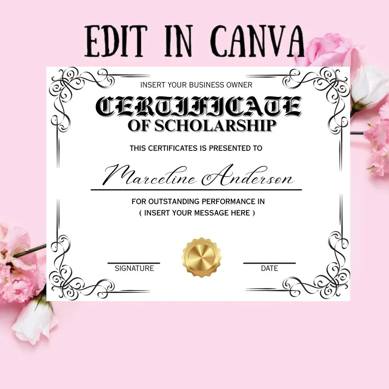 Certificate of Scholarship Award, INSTANT DOWNLOAD, Editable Scholarship Award, Printable Canva ...