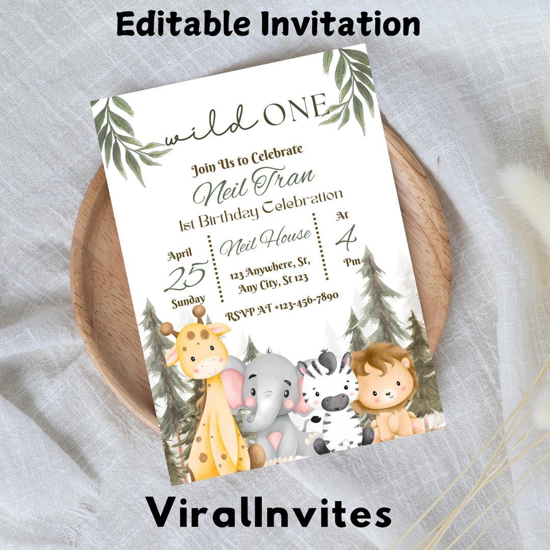 Safari Animals Birthday Invitation: Wild One Theme (editable Template ...