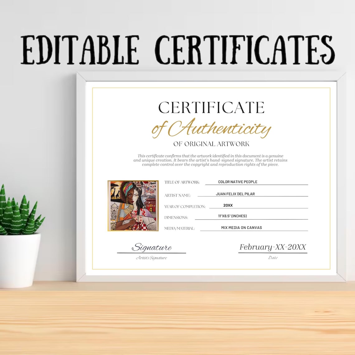 Editable Artist Certificate of Authenticity Template: Printable COA ...