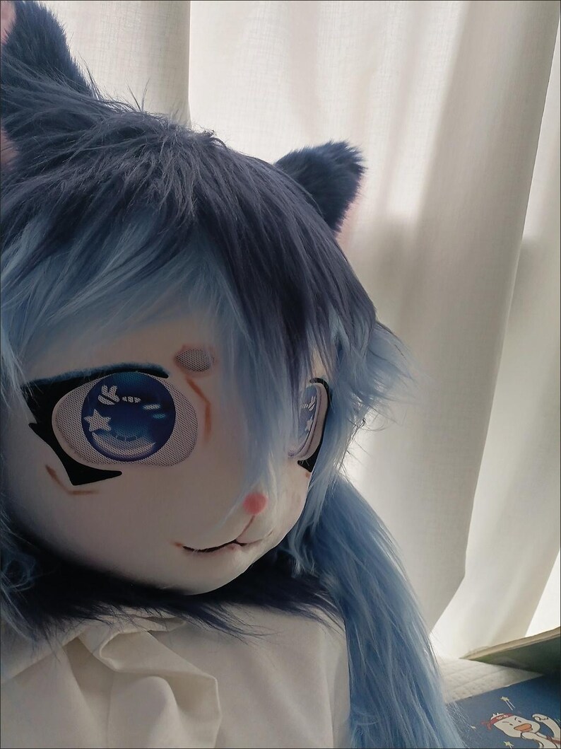 Cute Blue Hair Fursuit Mask Head, Kig Cat Kemono Furry Mask, Halloween ...