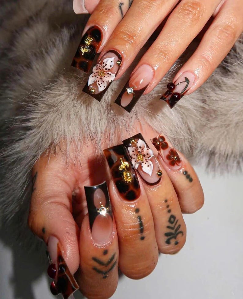 Tortoise Shell and Cherry Blossom 3D Press on Nails Handmade Brown ...