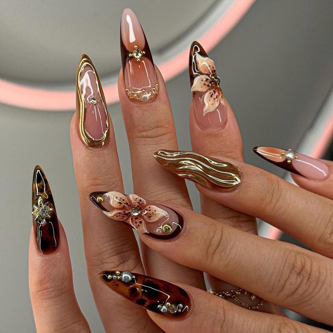 Luxury With Gold Accents Press on Nails Handmade Floral Fake Nails ...