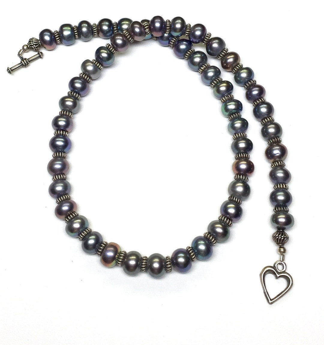 Peacock Freshwater Pearls With Sterling Silver Coil Spacer Necklace 19 Long Peacock Pearls