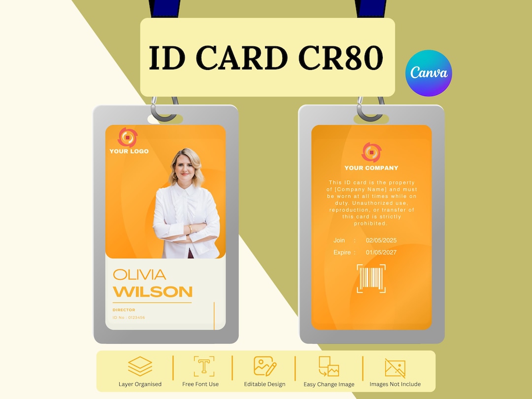 Canva Id Card | CR80 ID Card Template | Printable & Editable ID Badge | Standard Size 3.375"x2 ...