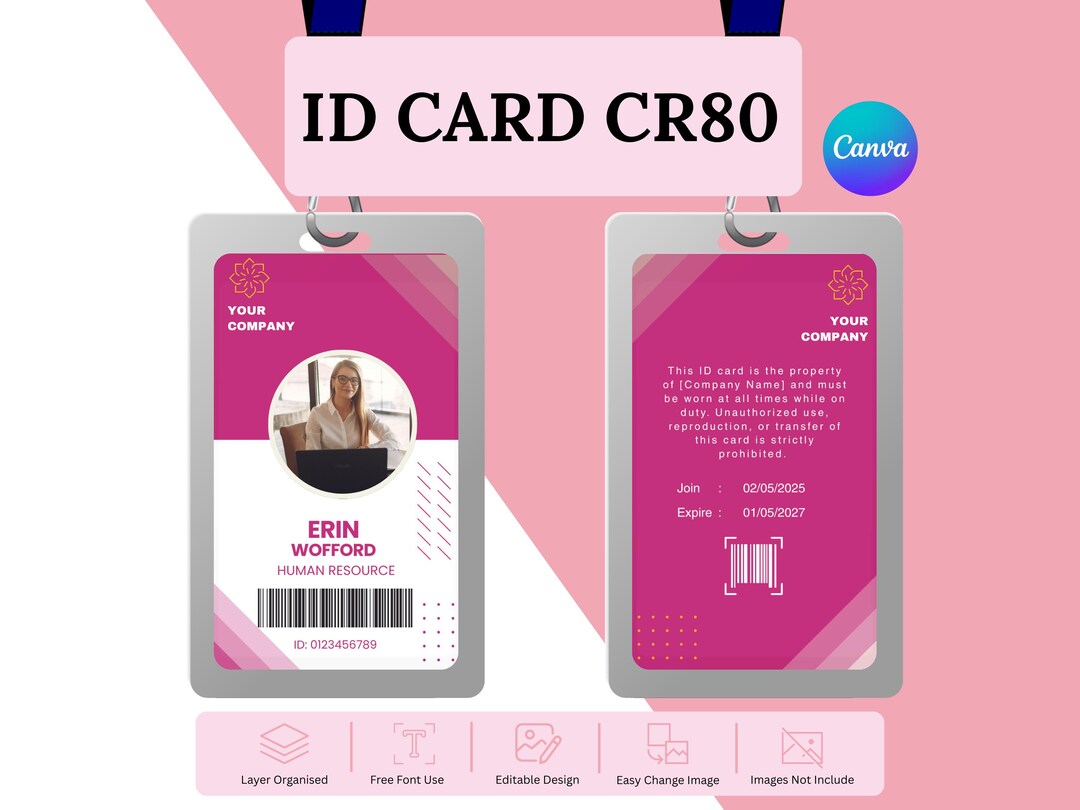 Canva Id Card | CR80 ID Card Template | Printable & Editable ID Badge ...