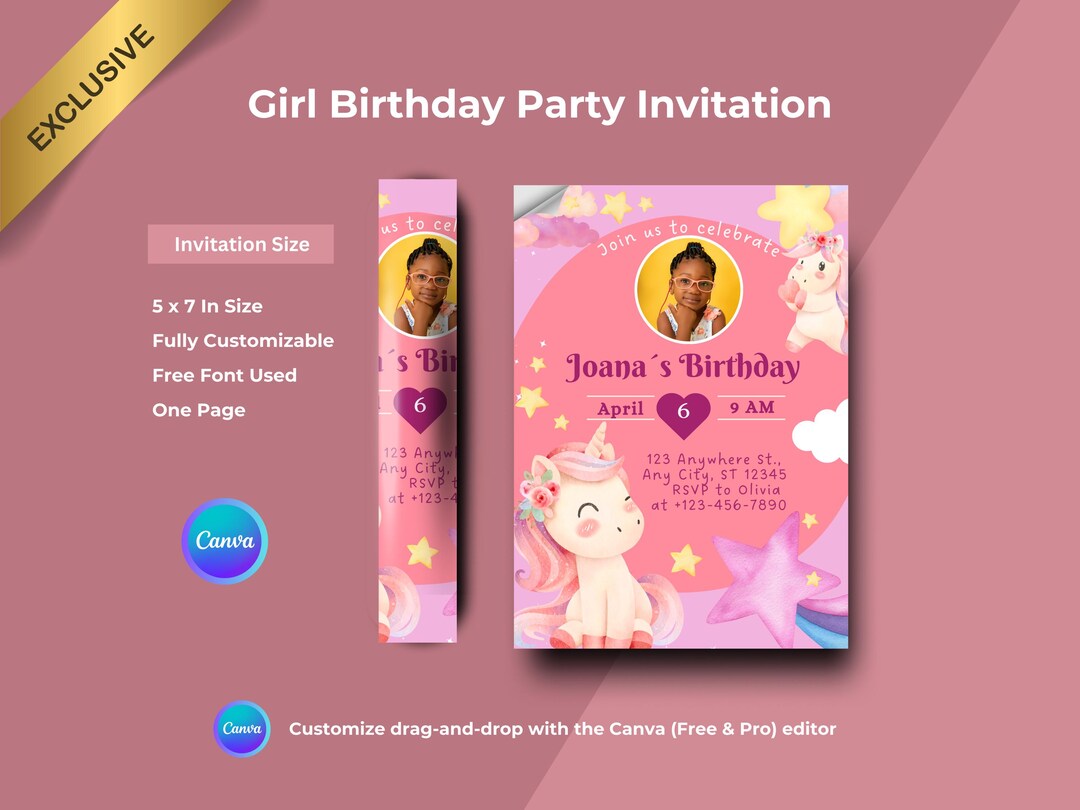 Girls Birthday Invitation | Canva Birthday Party for Girls | Invitation ...