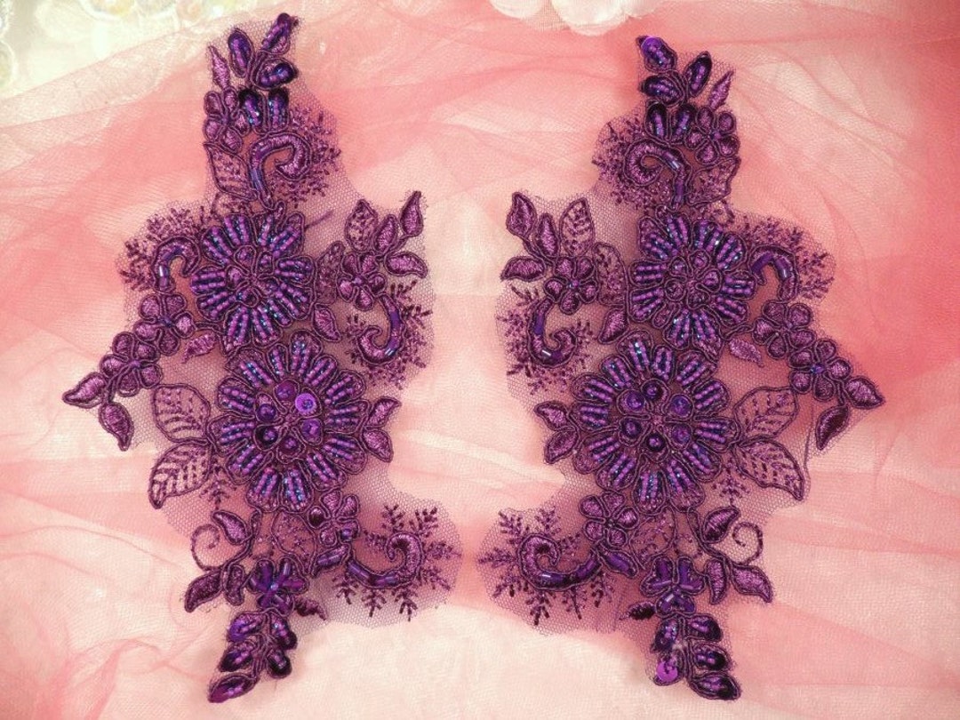 Appliques Floral Venise Lace Purple Mirror Pair Sequin Beaded 7" (dh50x ...