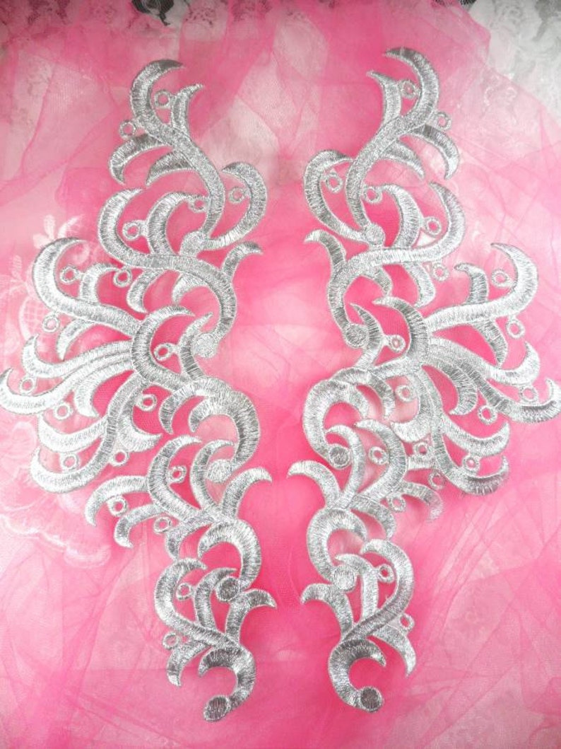 GB371 Embroidered Applique Silver Scroll Mirror Pair Patch | Etsy