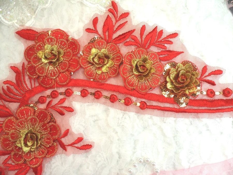 Embroidered 3D Applique Red Gold Floral Ballet Sequin Patch - Etsy