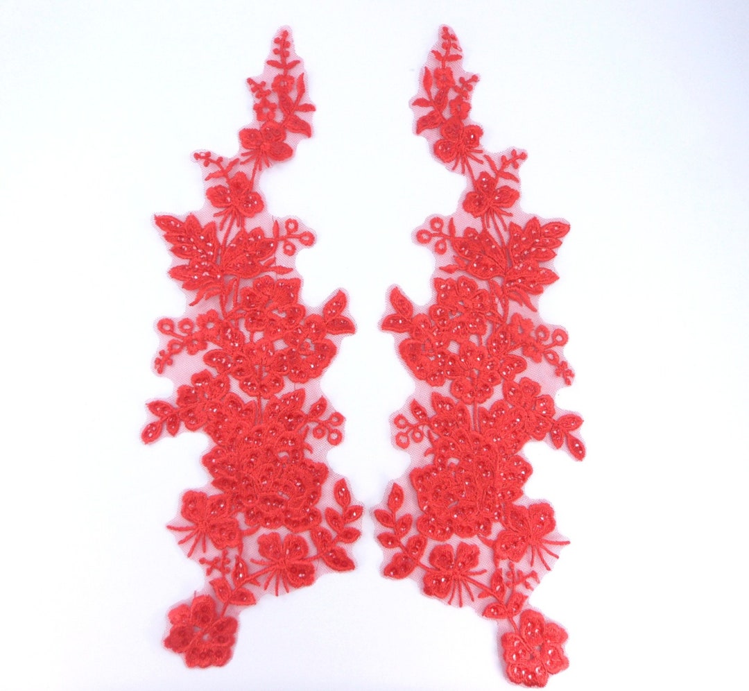 Sequin Lace Appliques Red Floral Venice Lace Mirror Pair Clothing Patch ...