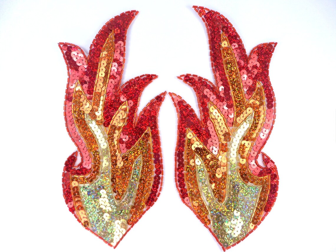 Flames of Fire Appliques Mirror Pair Beaded Holographic Sequin Sewing ...