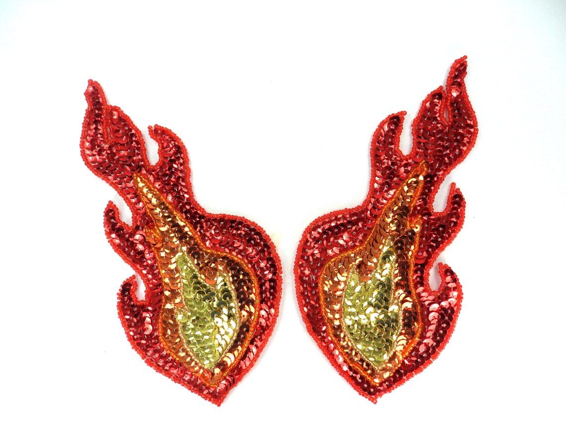 Flame Appliques Red Orange Fire Sequin Beaded MIRROR PAIR Dance Costume ...