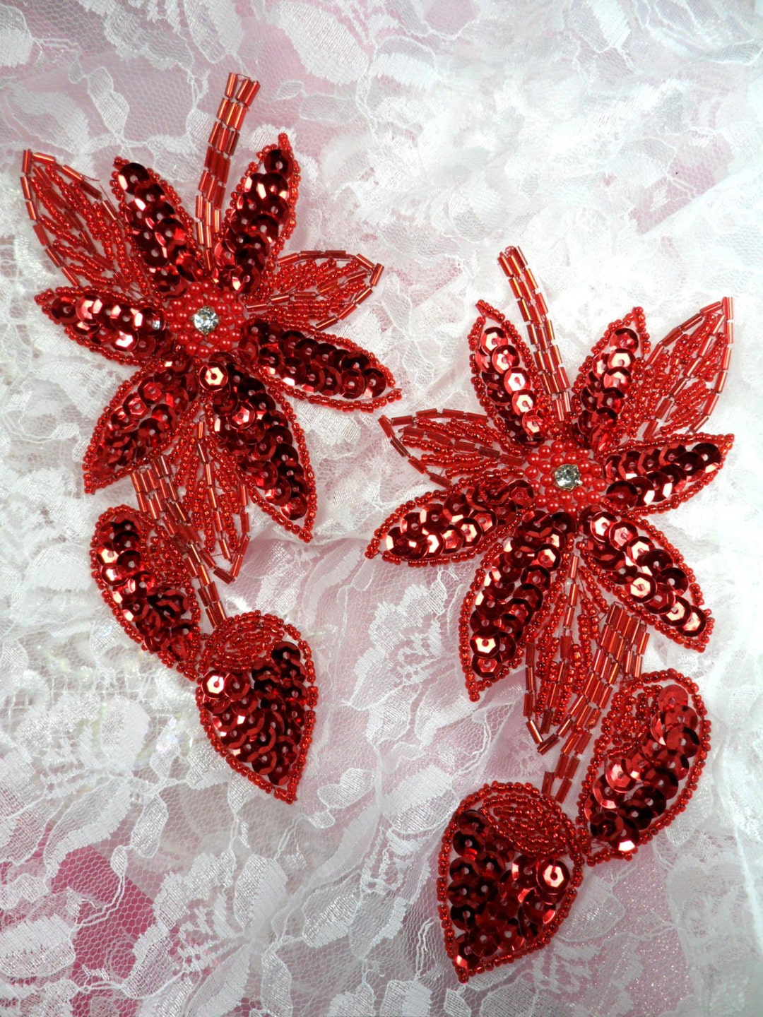 XR51 Red Sequin Beaded Appliques With Rhinestone Centers Floral Flower ...