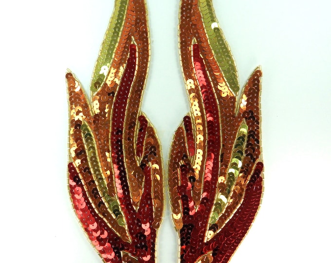 Flame Appliques HOLOGRAPHIC Red Orange Fire Sequin Beaded MIRROR PAIR ...
