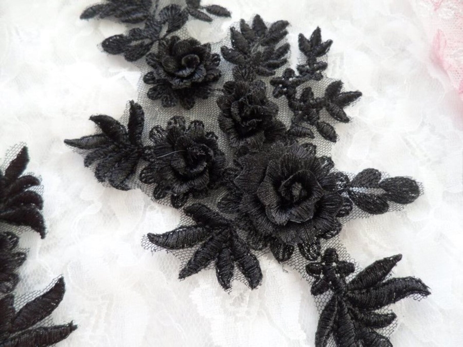 3D Embroidered Lace Patch Black Floral Venice Lace Mirror Pair | Etsy