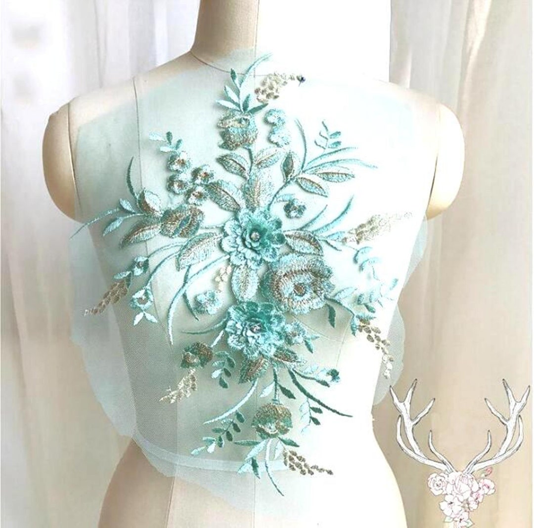 3 Dimensional Embroidered Lace Applique Teal Floral Costume Dance Patch ...