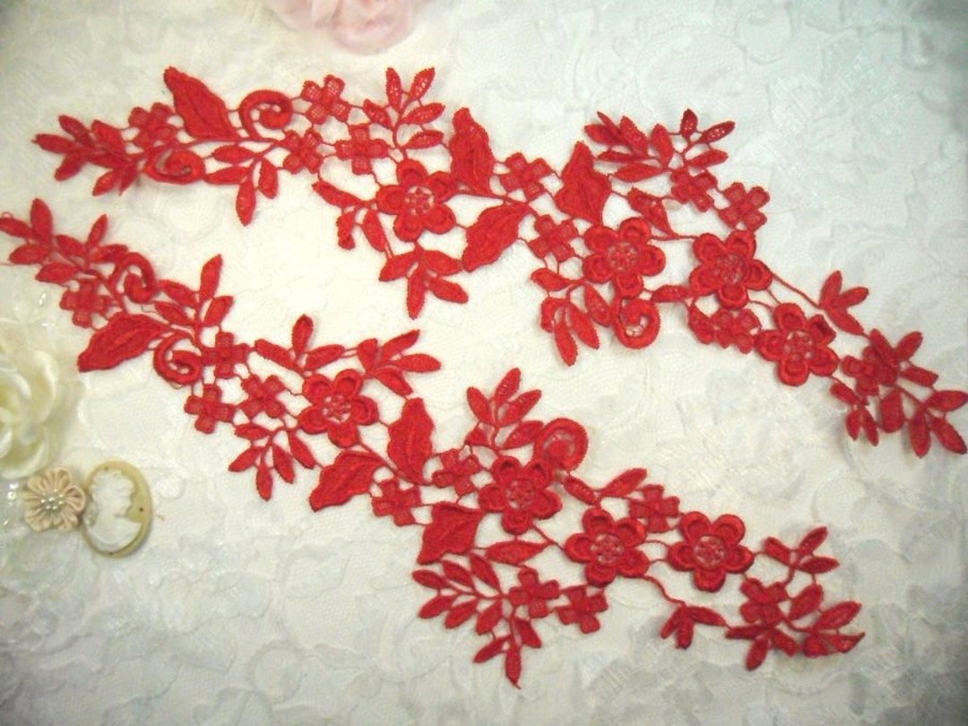 Embroidered Lace Appliques Red Floral Venice Lace Mirror Pair 15 ...