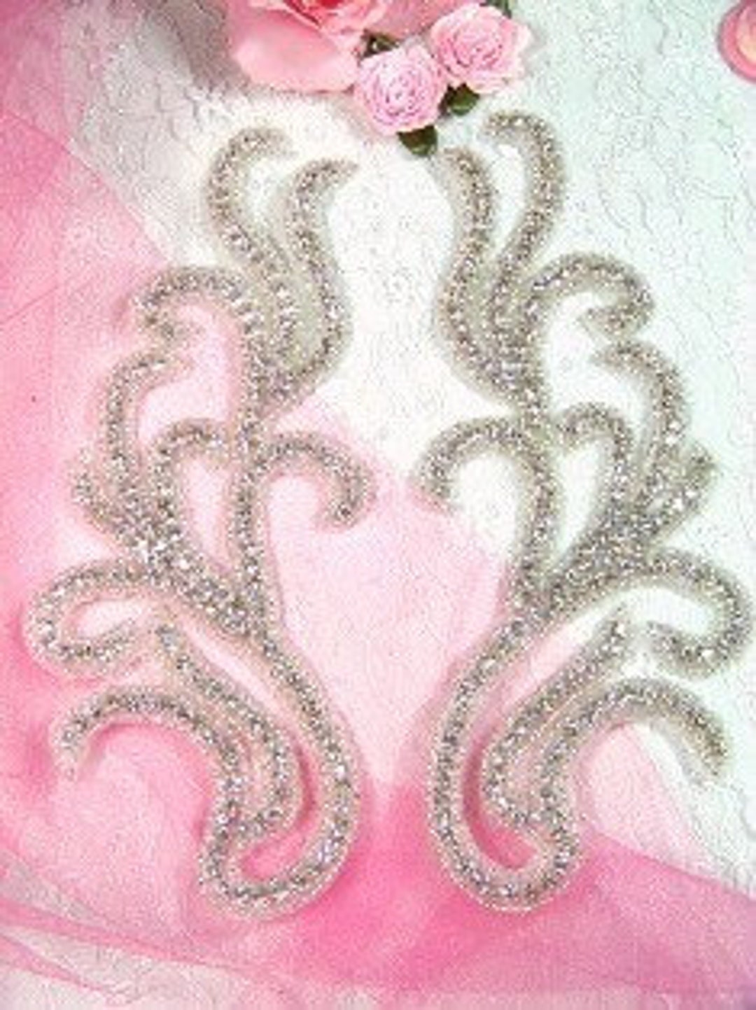 Crystal Glass Silver Beaded Rhinestone Mirror Pair Appliques 8" (XR24 ...