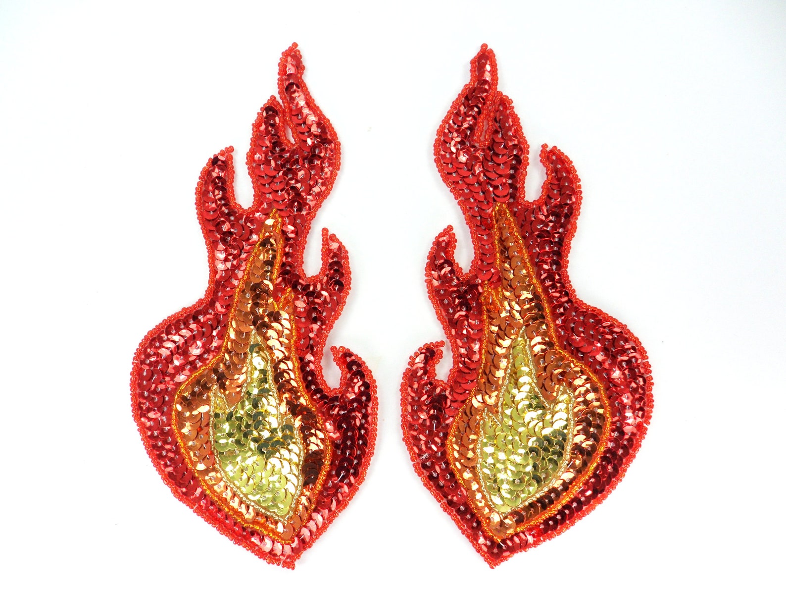 Flame Appliques Red Orange Fire Sequin Beaded MIRROR PAIR Dance Costume ...