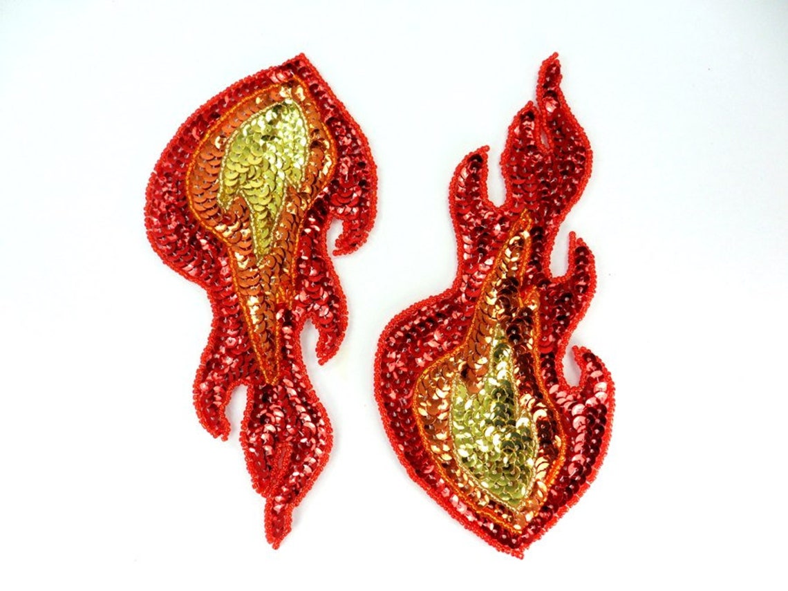 Flame Appliques Red Orange Fire Sequin Beaded MIRROR PAIR Dance Costume ...